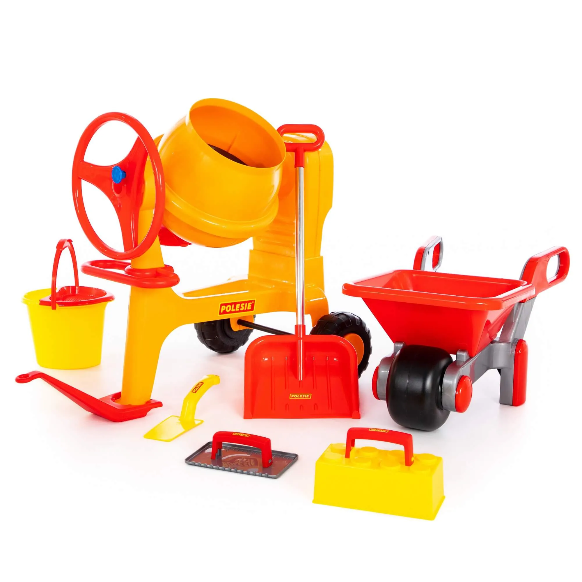 Wader Play Cement-Mixer with Hitch Bar and Wheel & 14 Piece Toolkit